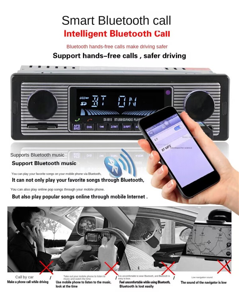 4-Channel Vintage Car Radio Stereo Bluetooth MP3 Player FM AUX Head ...