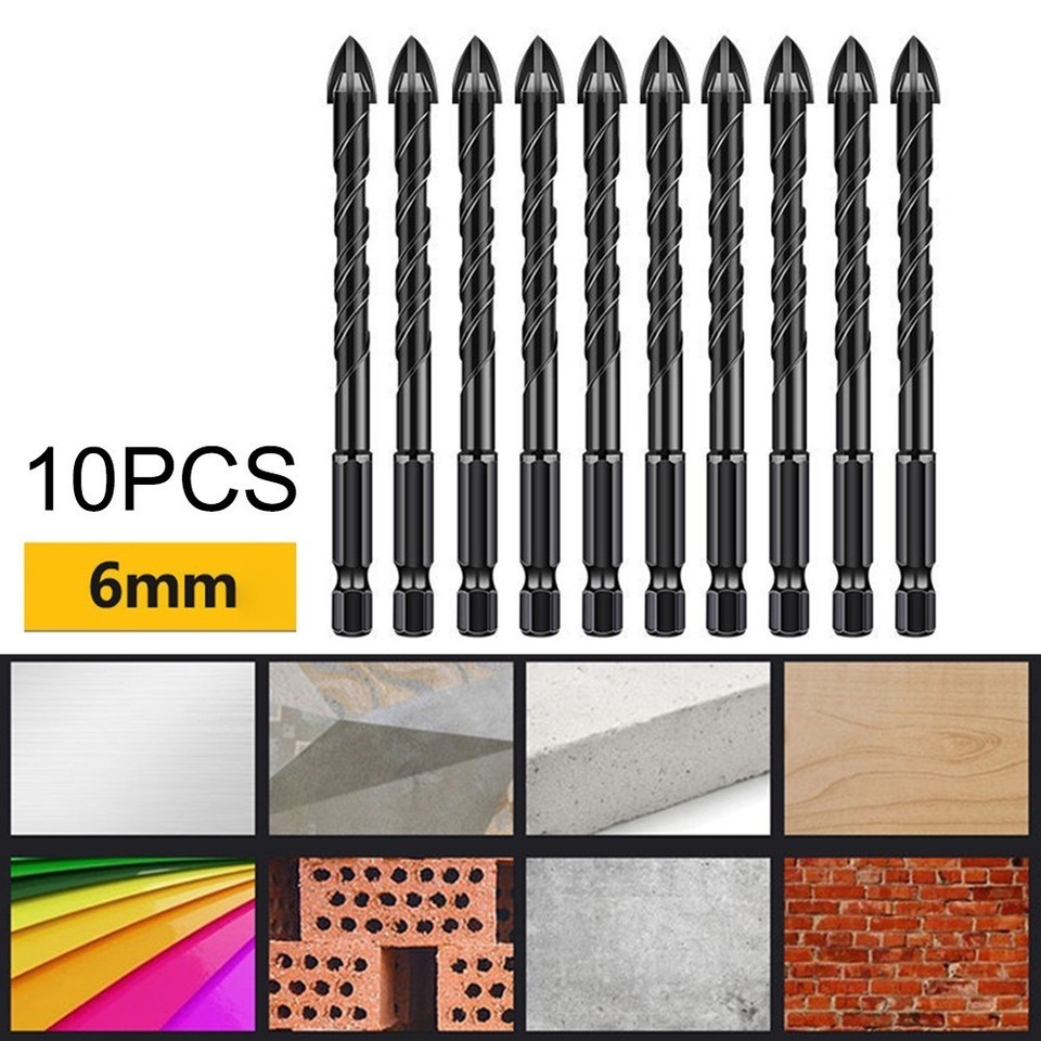 10pcs 6mm Tile Drill Bit Glass Ceramic Hex Shank Cross-Spear Head For ...