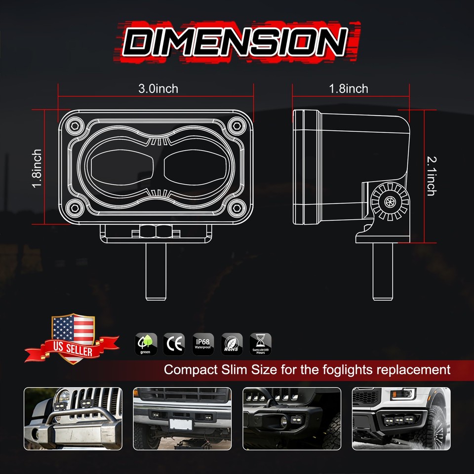 2X For 18-26 JEEP Wrangler 3" SAE DOT Street Legal LED Fog Lights Wide ...