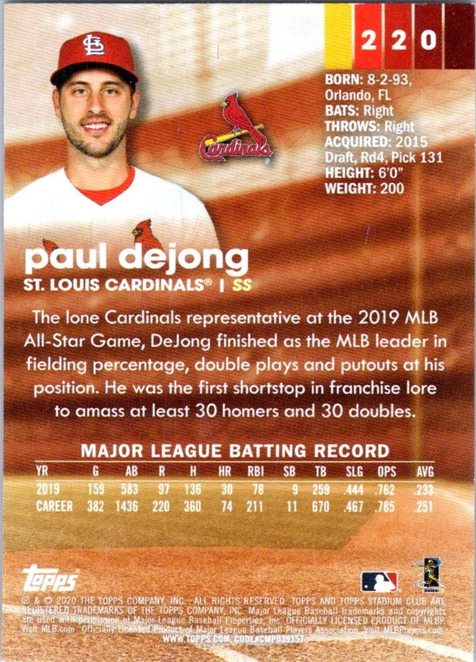2020 STADIUM CLUB PAUL DEJONG ST. LOUIS CARDINALS #220 | eBay