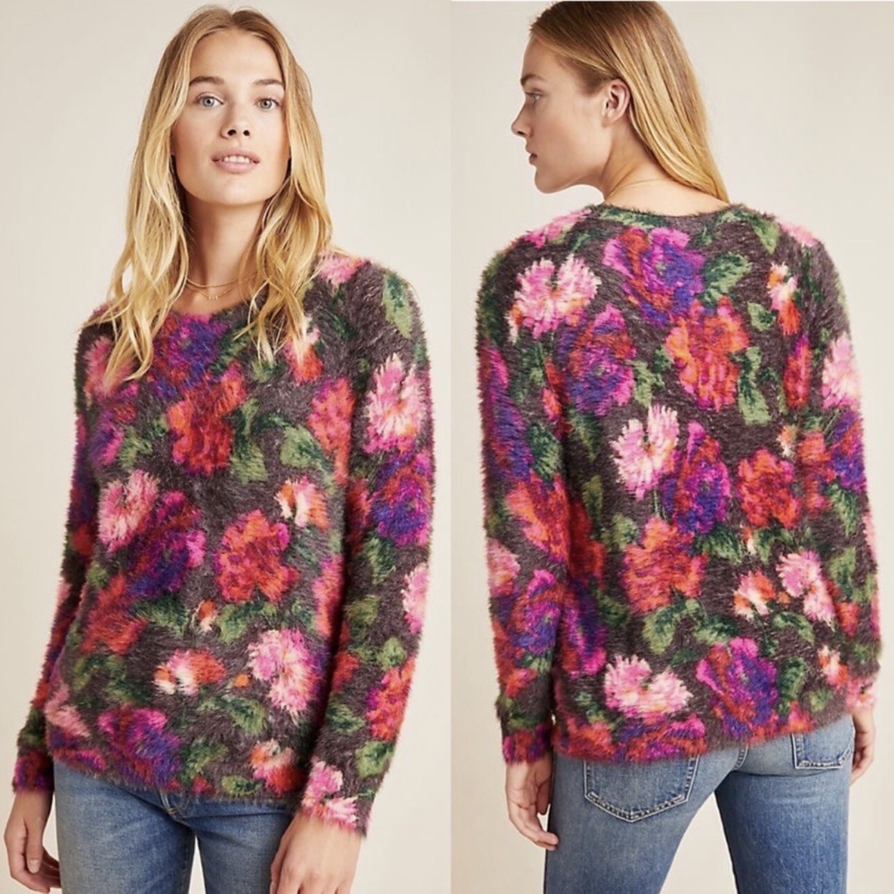 Anthropologie Ariel Eyelash Fuzzy Floral Print Sweate… - Gem