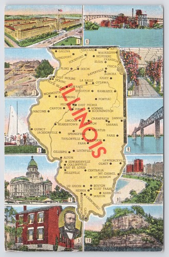 Illinois State Map~10 State Views~Key To Views On Back~Vintage Linen ...