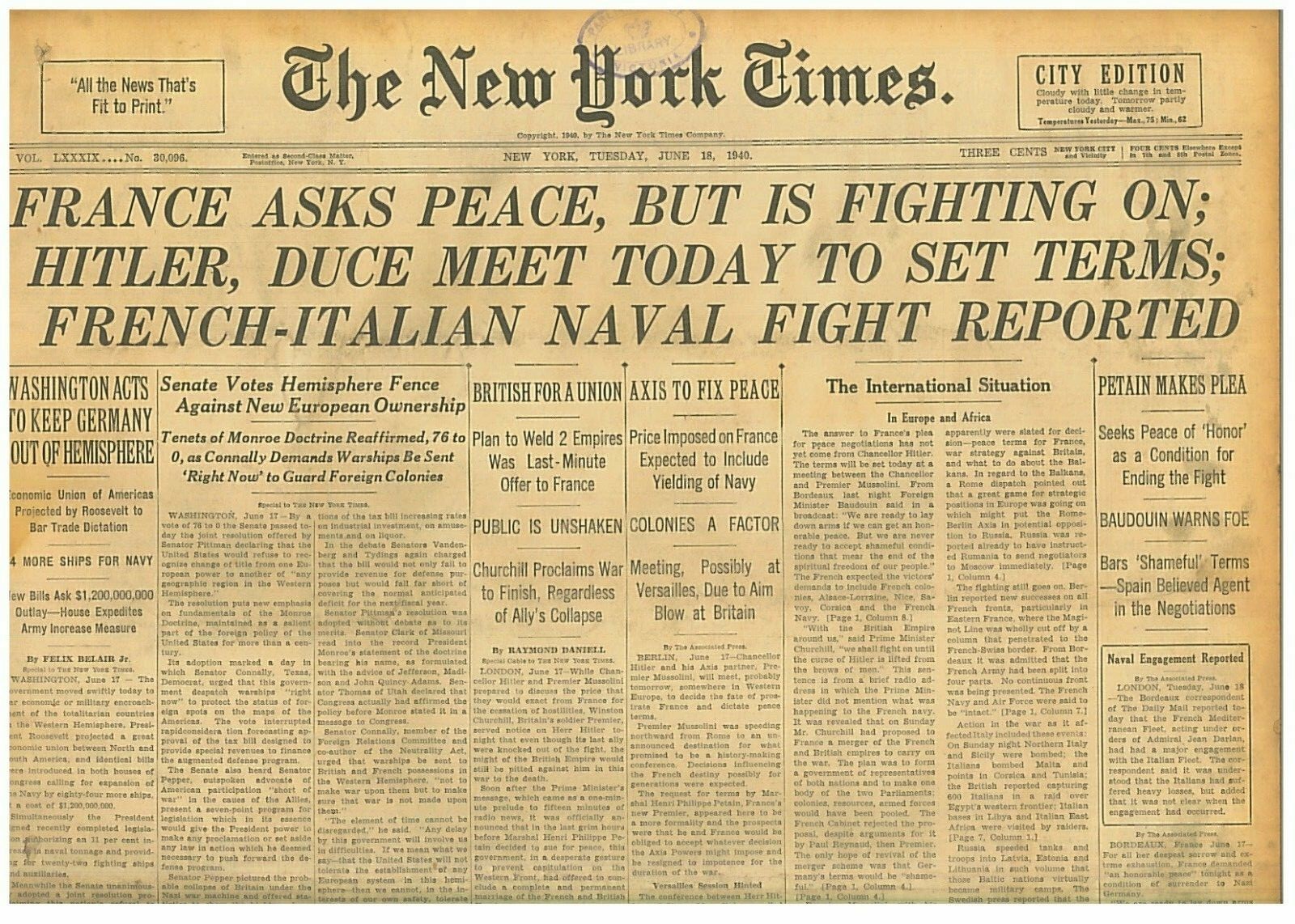 6-1940 WWII June 18 FRANCE PEACE PLEA HITLER MEETS MUSSOLINI CHURCHILL ...