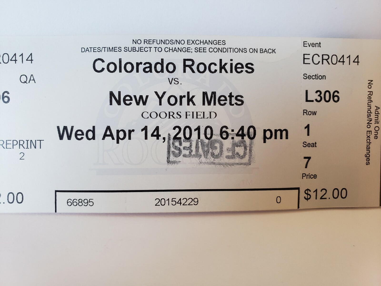 2010 Colorado Rockies Ticket Stubs Lot Of 4 kemp Wright Carlos Gonzalez ...