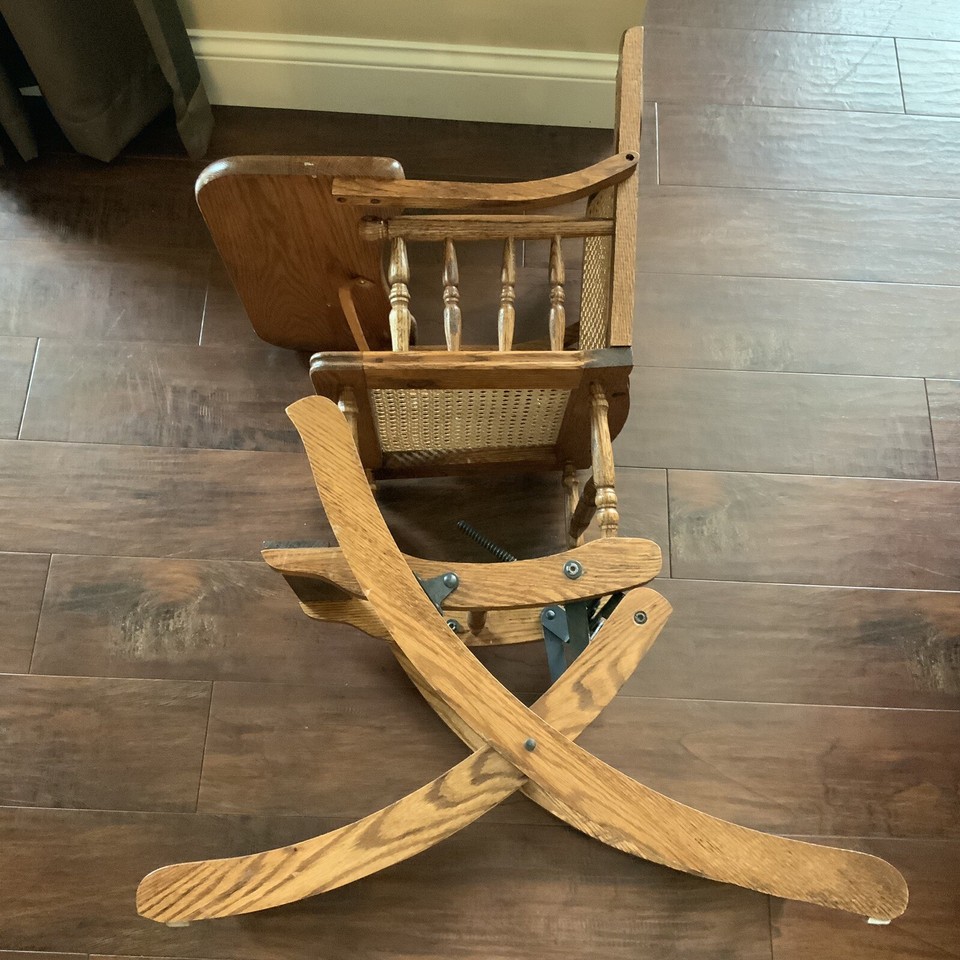 CHILD'S ANTIQUE HIGH CHAIR /ROCKER OAK W/ CANE SEAT -HAND CRANK | eBay
