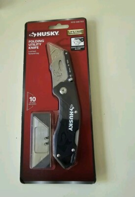 Husky Black Folding Utility Knife Lock-Back Textured Grip 10 Blades ...