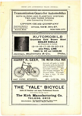 1903 Harry R. Geer Motorcycles, Yale Bicycles by Kirk, Toledo, Snell ...