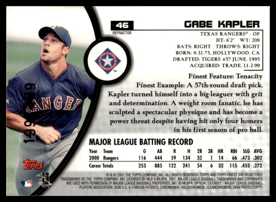 2001 Topps Finest Refractor #46 Gabe Kapler /499 Texas Rangers | eBay