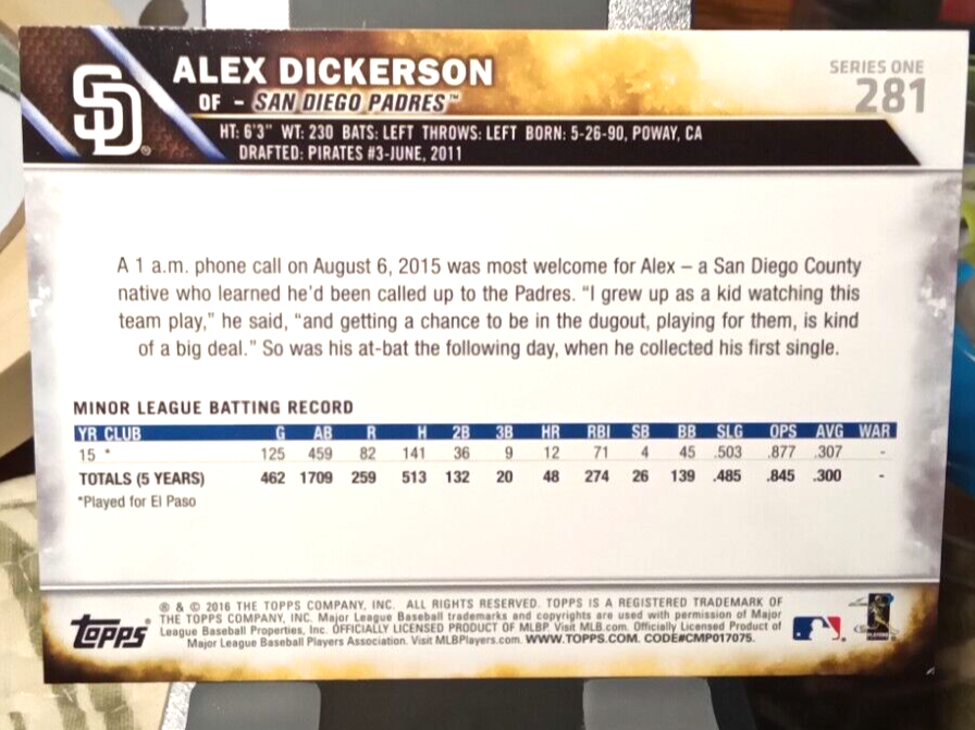 2016 Topps Rookie Baseball Card of Alex Dickerson #281 (NM) Free ...