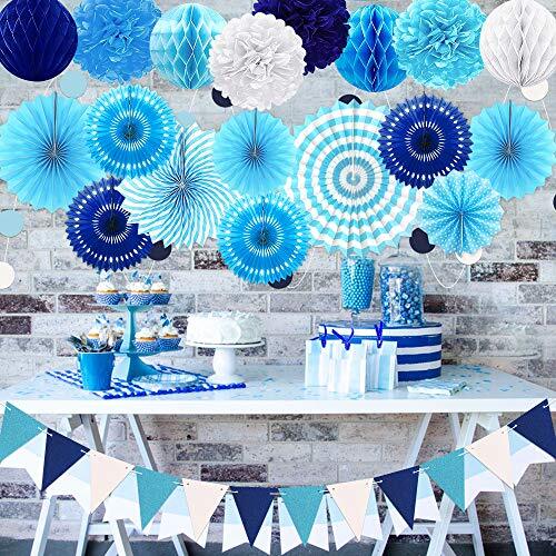Navy Blue Party Decoration,23Pcs Hanging Paper Fans,Pom Poms Flowers ...