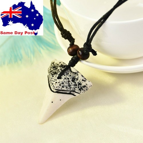 Resin Mens Shark Tooth Teeth Pendant Charm Wax Cord Rope String Chain ...