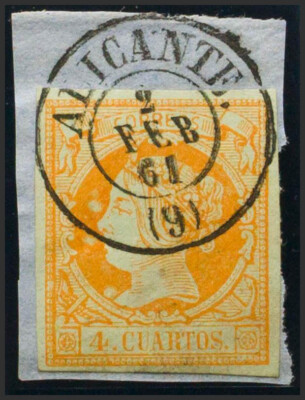 Comunidad Valenciana. Philately. Fragment 52. 1860. 4 Cuartos Yellow ...