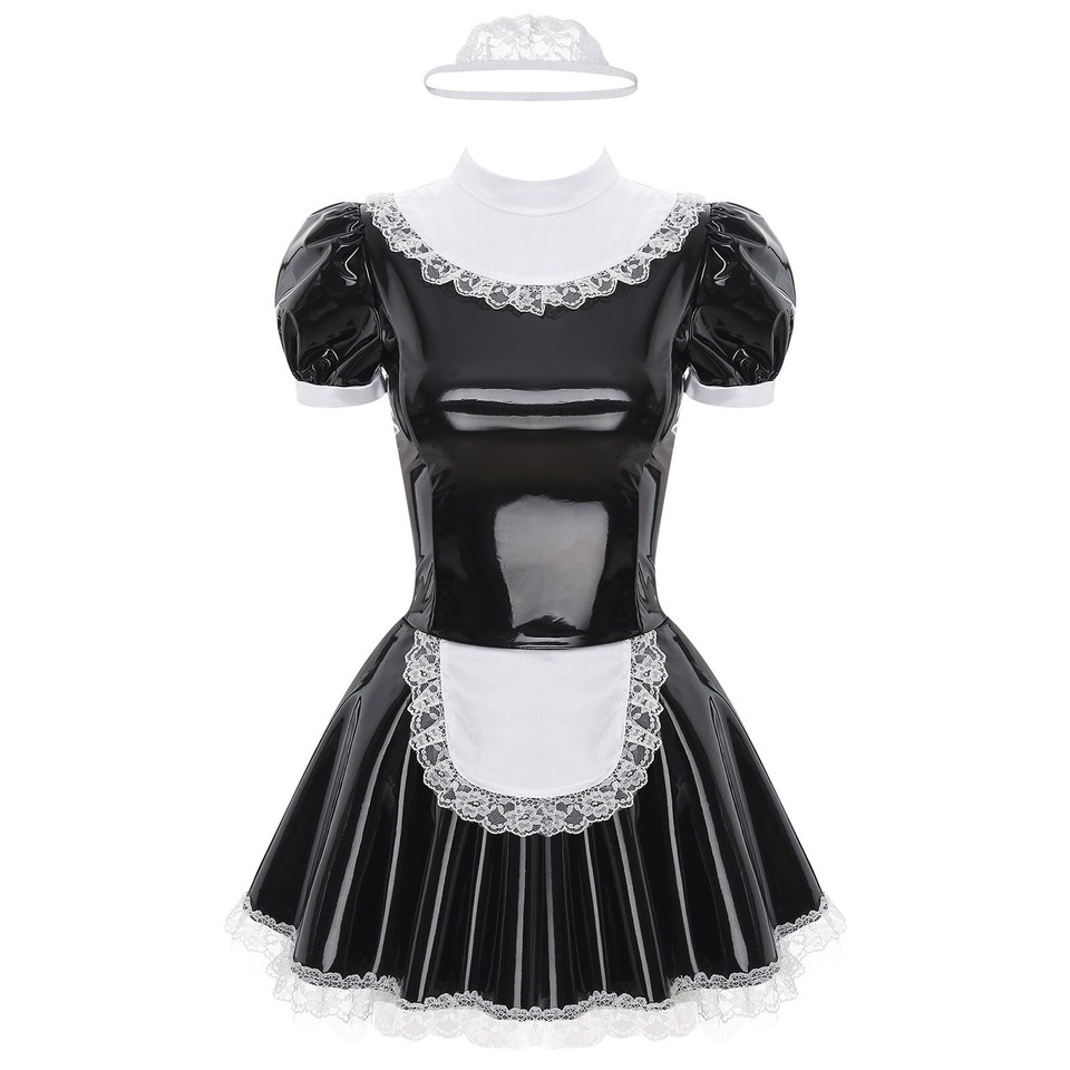 Freebily Women Wet Look PVC Leather French Maid Costume Outfits Ruffles ...