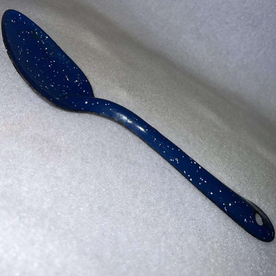 Vtg Blue Speckled Enamel Stirring Serving Spoon Enamelware Spatterware ...