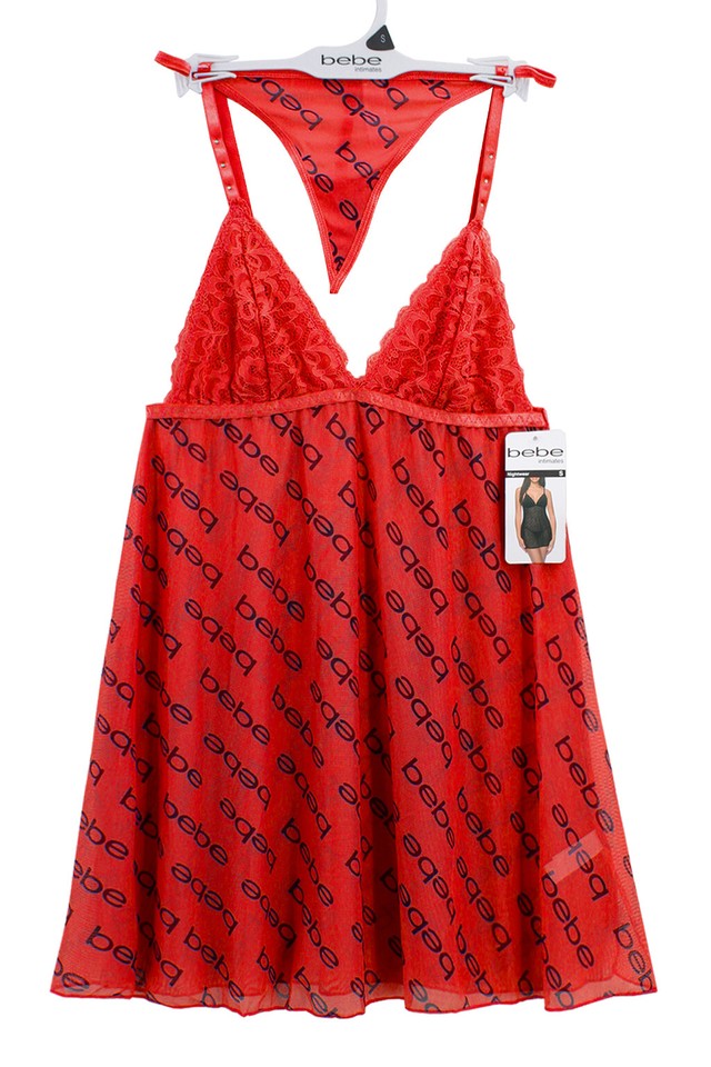 NWT bebe Sheer mesh Babydoll and string Thong Panties bebe print SET,S ...