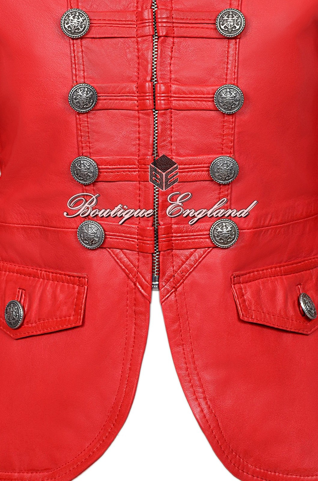 'VICTORY' Ladies Military Style Jacket RED Front Studded REAL LEATHER ...