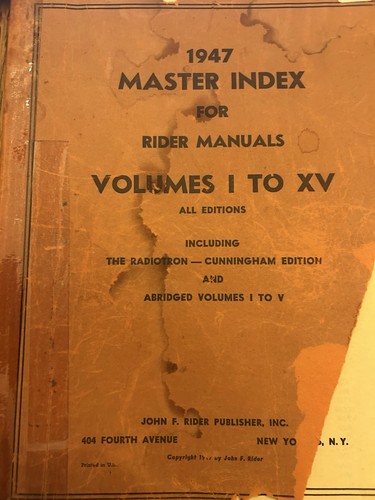 VINTAGE 1947 MASTER INDEX FOR RIDER MANUALS VOLUMES 1 TO XV ALL ...