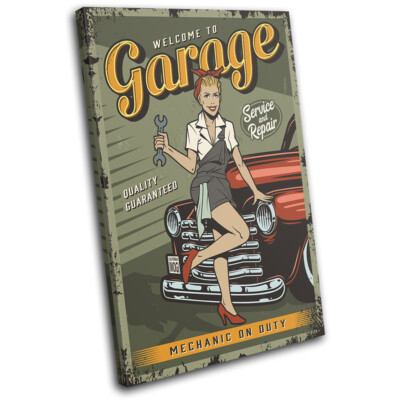 Retro Pin Up Garage Car Vintage SINGLE CANVAS WALL ART Picture Print | eBay