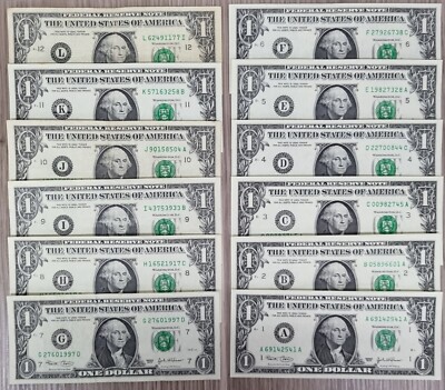2003 One Dollar Bills $1 COMPLETE DISTRICT SET 12 Notes Federal Reserve ...
