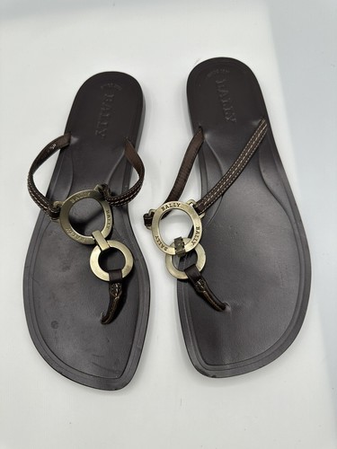 Bally Judy Brown Leather Chain Link Tong Flat Sandals Women Sz 39/ US 8 ...