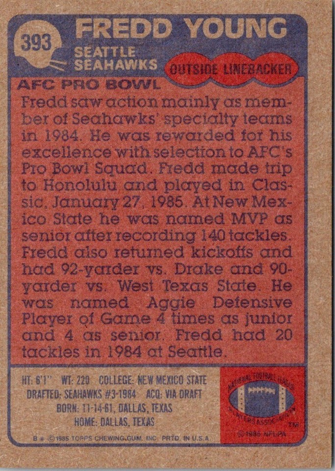 1985 Topps Fredd Young #393 Seattle Seahawks Football Card | eBay