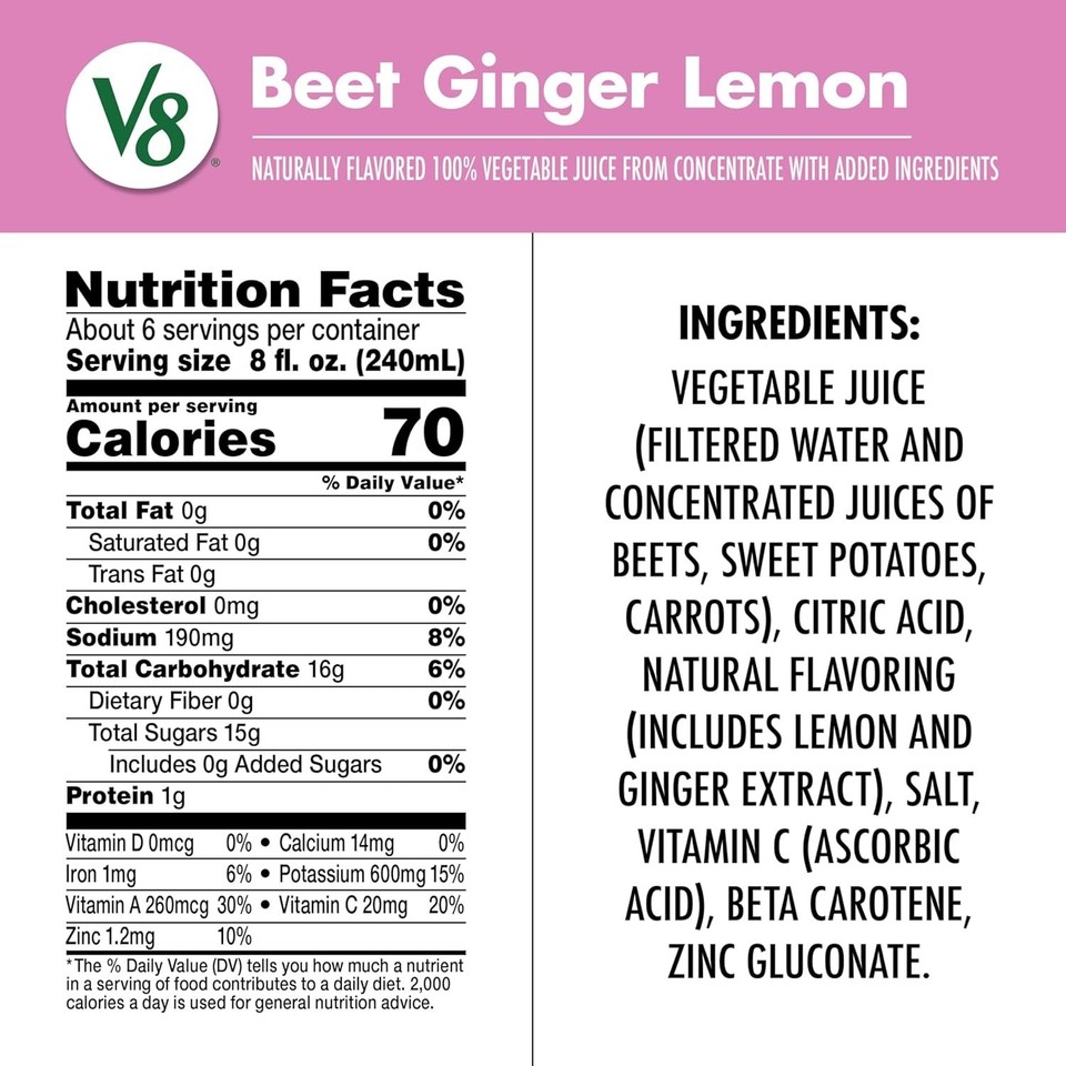 V8 Beet Ginger Lemon 100% Vegetable Juice – 46 fl oz Bottle | eBay