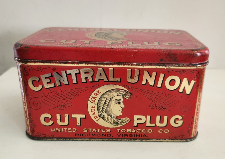 Vintage Central Union Cut Plug Tobacco Tin 4x6 Box U.S. Tob. Co. Great ...