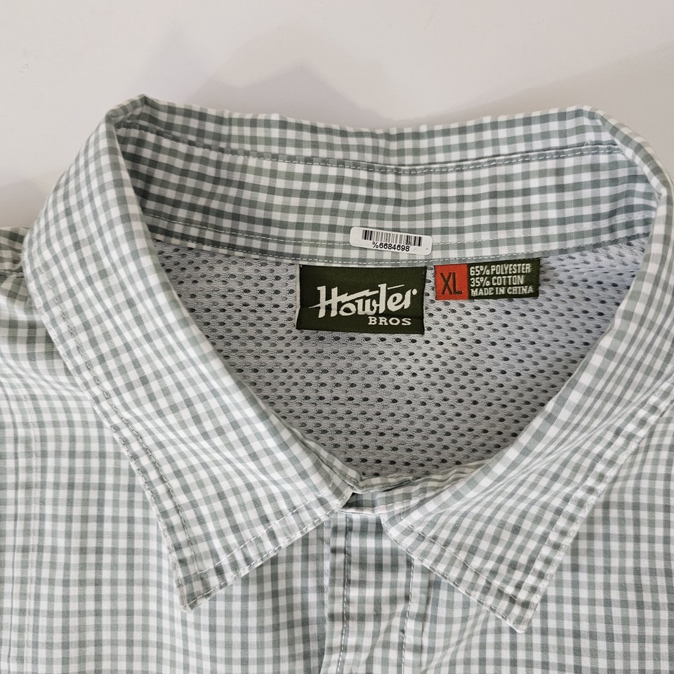 Howler Brothers Men's Vented Guayabera Shirt Green Checked Poly Cotton ...