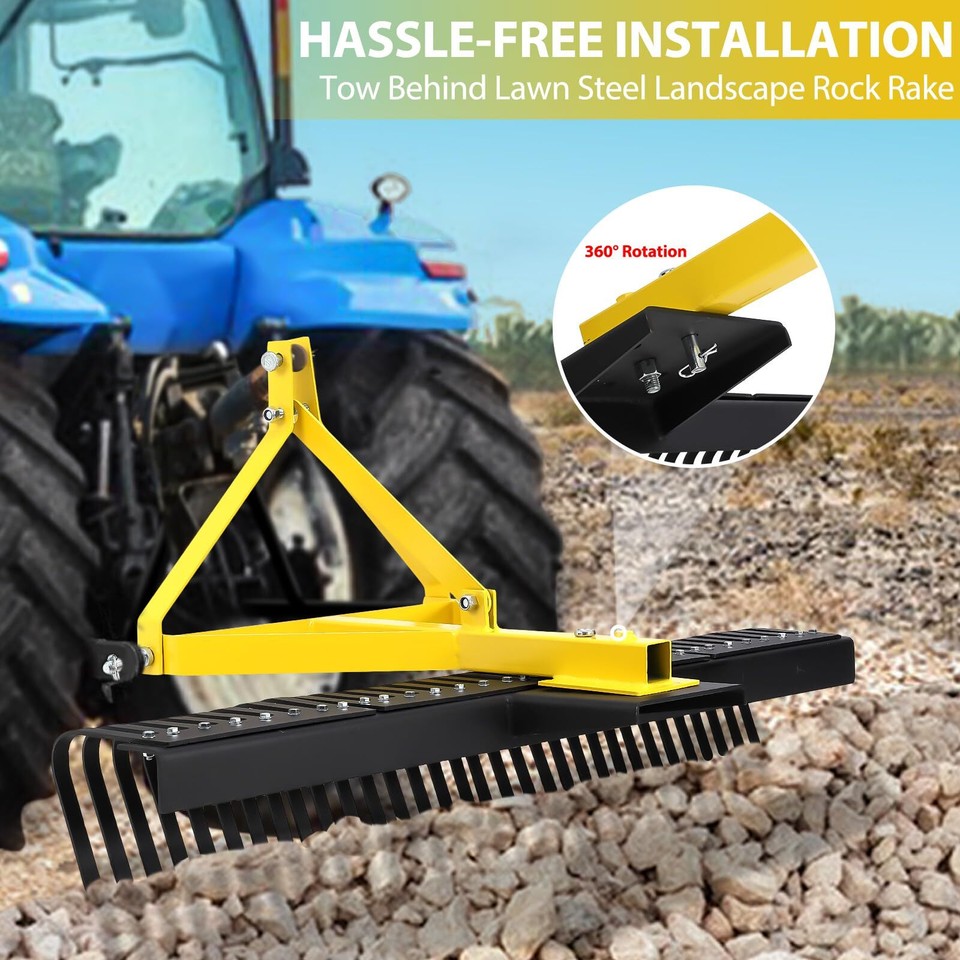 60" Landscape Rock Rake 3 Point Attach Rake Compact Tractors Rake Lawn ...
