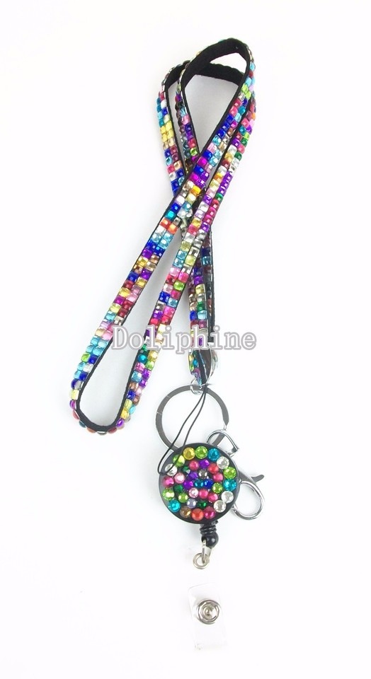 Multi Color Bling Rhinestone Lanyard with Retractable Reel for ID Badge ...