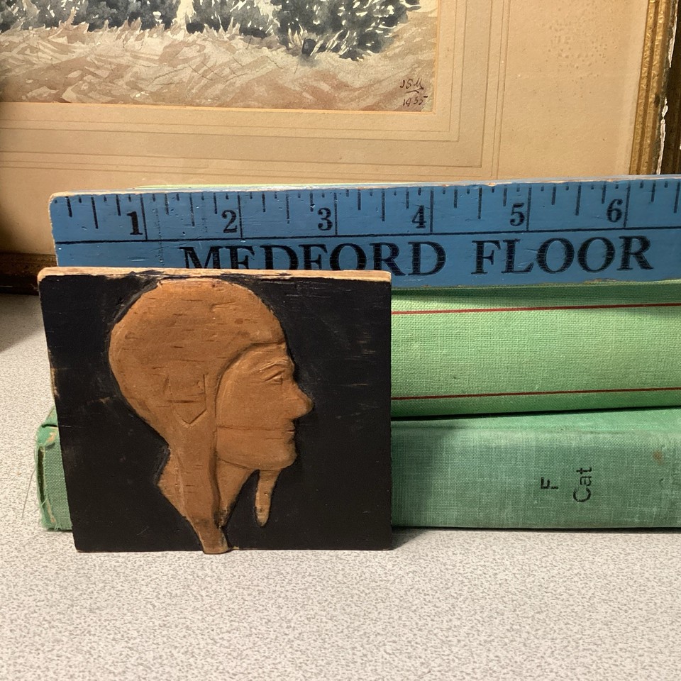 small plaque carved head face signed art Possibly Pilot Flyer Great ...