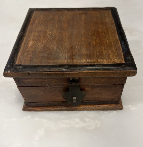 Handmade Solid Wood Hinged Lid Trinket Storage Box Square Iron Hardware ...