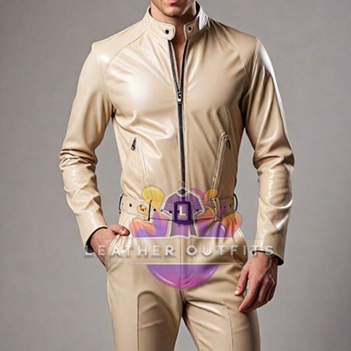 MEN'S GENUINE SOFT LEATHER IVORY JUMPSUIT CATSUIT FRONT ZIPPER OVERALL ...