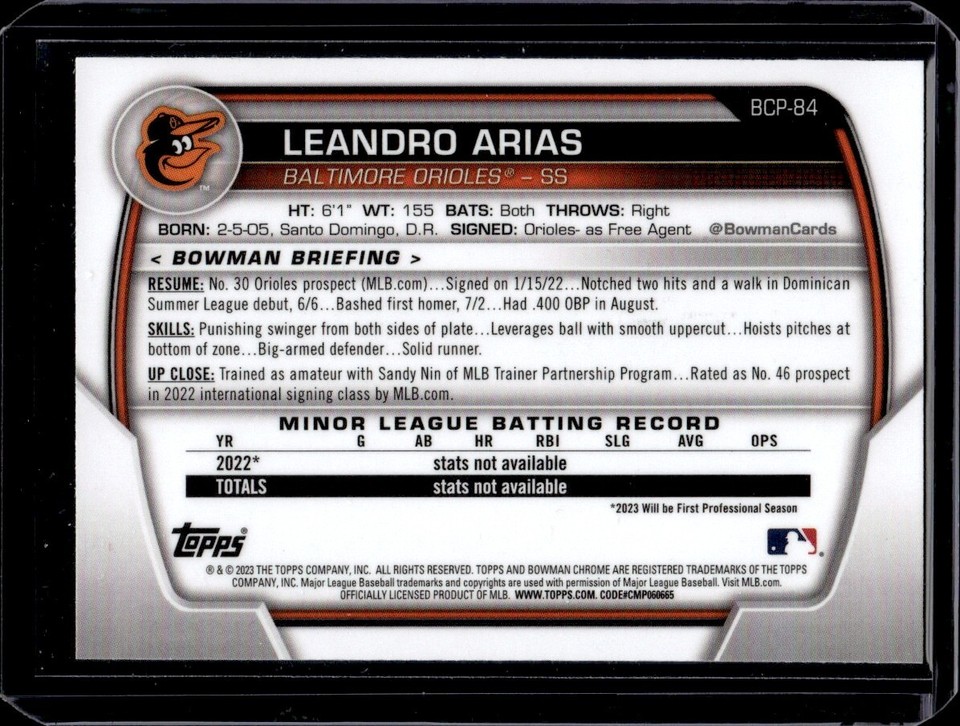 Leandro Arias 2023 Bowman Chrome Baseball - 1st #BCP-84 - Baltimore ...