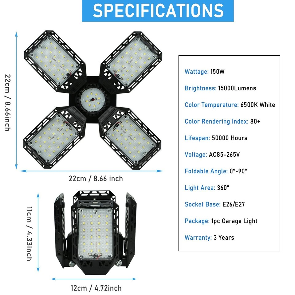 LED Garage Light,150W Deformable Garage Ceiling Lights,15000LM, 4 ...