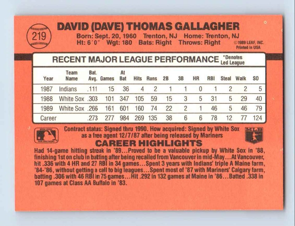1990 Donruss Dave Gallagher Chicago White Sox #219 | eBay