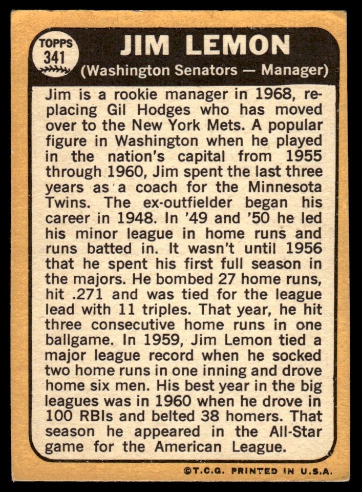 1968 Topps Jim Lemon Washington Senators #341 | eBay