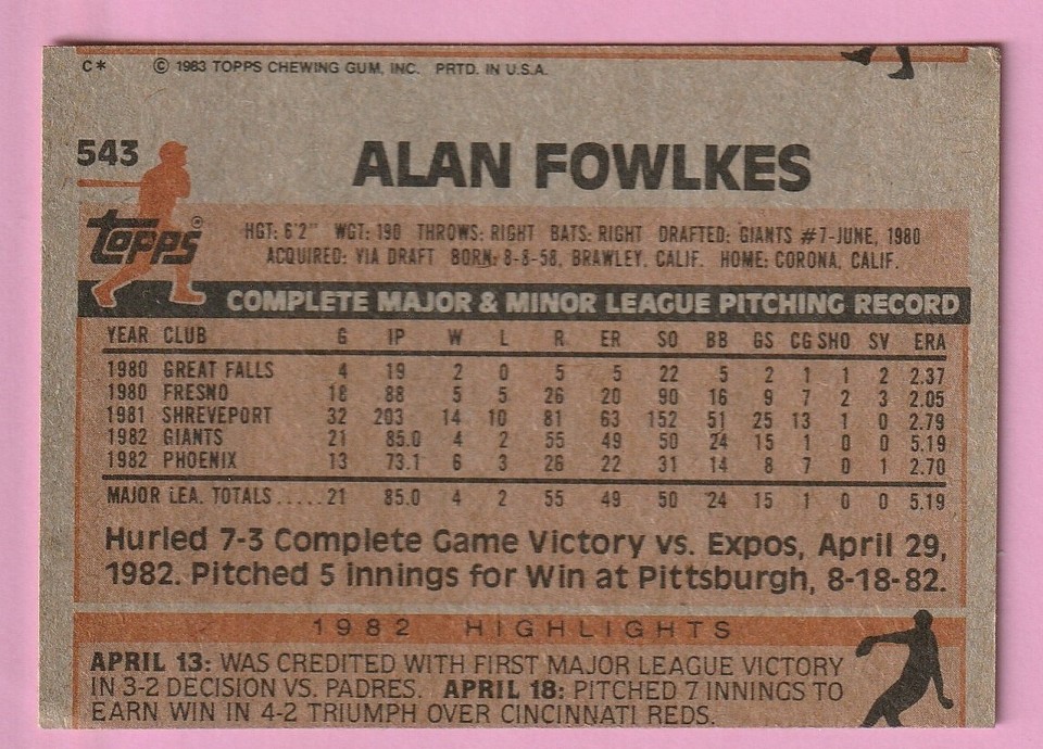 1983 Topps Baseball Card #543 Alan Fowlkes Giants MISCUT OddBall ERROR ...