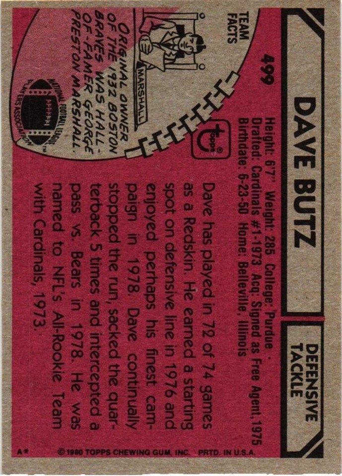 DAVE BUTZ 1980 Topps Football # 499 FREE SHIPPING B11R4S4P4 | eBay