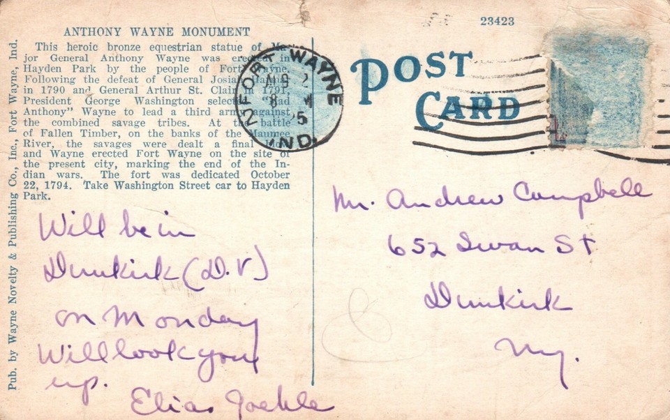 Postcard IN Fort Wayne Anthony Wayne Monument 1925 Vintage PC a7928 | eBay