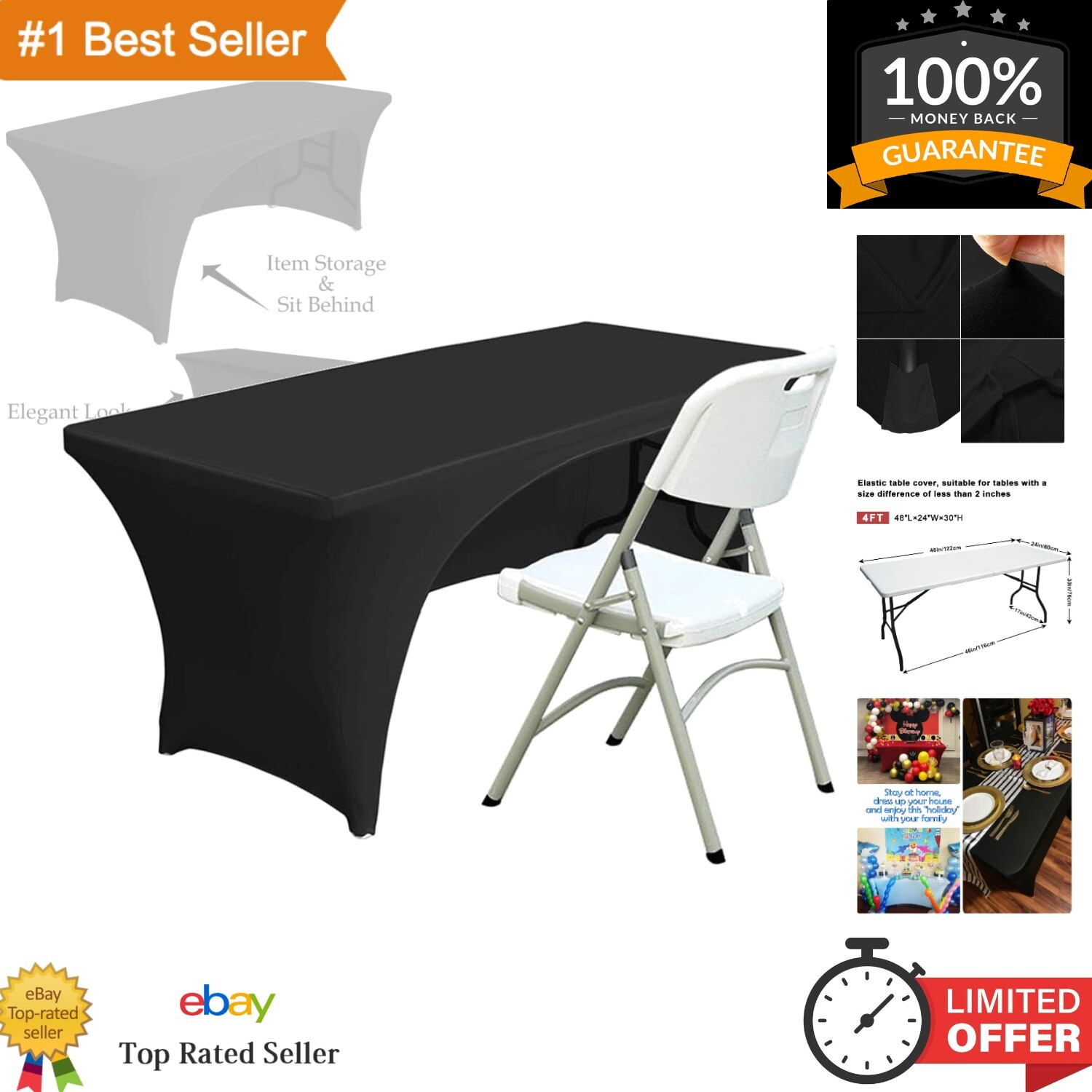 Black Open Back Table Cover - Durable Polyester, Fits 48"L x 24" W x 30 ...