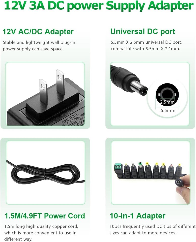 12V 3A Power Supply Adapter 36W ac/dc Charger AC 100V-240V to DC 12Volt Black | eBay