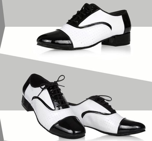 Men's Latin Dance Modern Patent Leather Black White Business Brogue ...