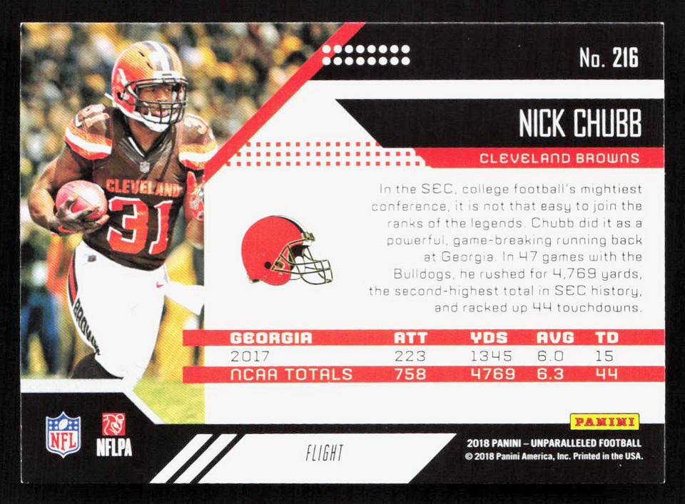 2018 Panini Unparalleled Nick Chubb Flight Rookie Card RC #216 Browns ...