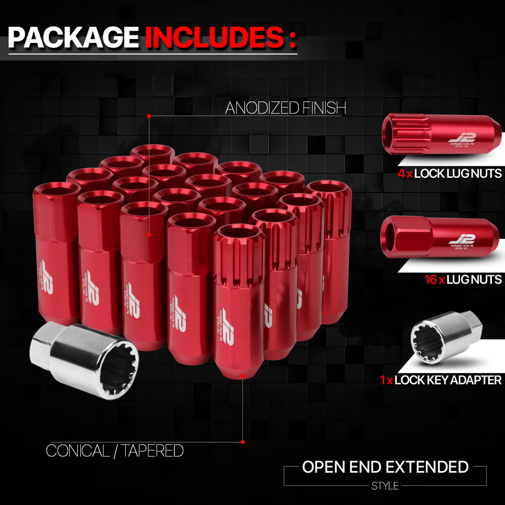 (16) J2 ENGINEERING Red M12x1.5 60mm Open End Tuner Wheel Lug Nut w/(4 ...
