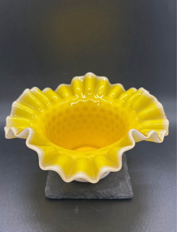 Vintage 50s Fenton Yellow Cased Milk Art Glass Ruffled Hobnail Vase UV ...