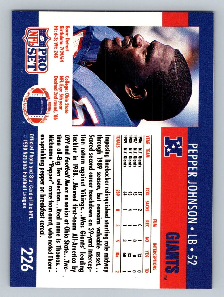 1990 Pro Set #226 Pepper Johnson New York Giants | eBay