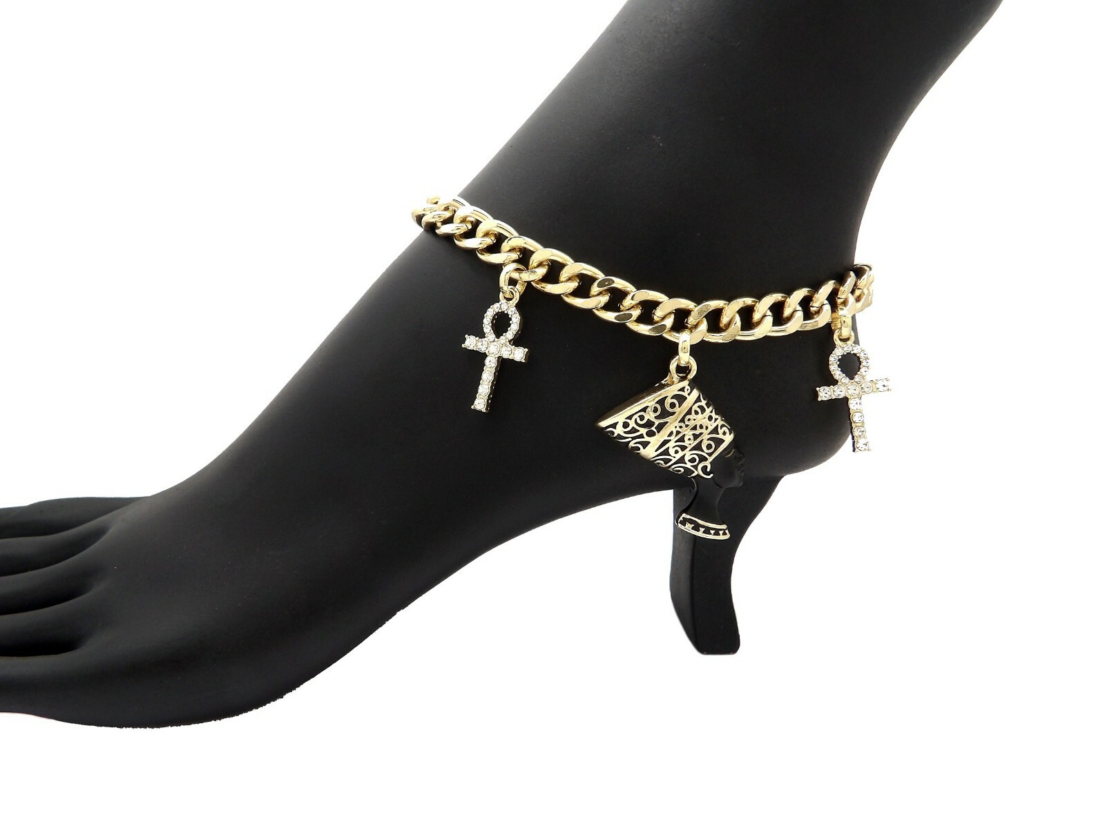 Women Iced Egyptian NEFERTITI & ANKH CROSS Fashion Bling Anklet Ankle ...