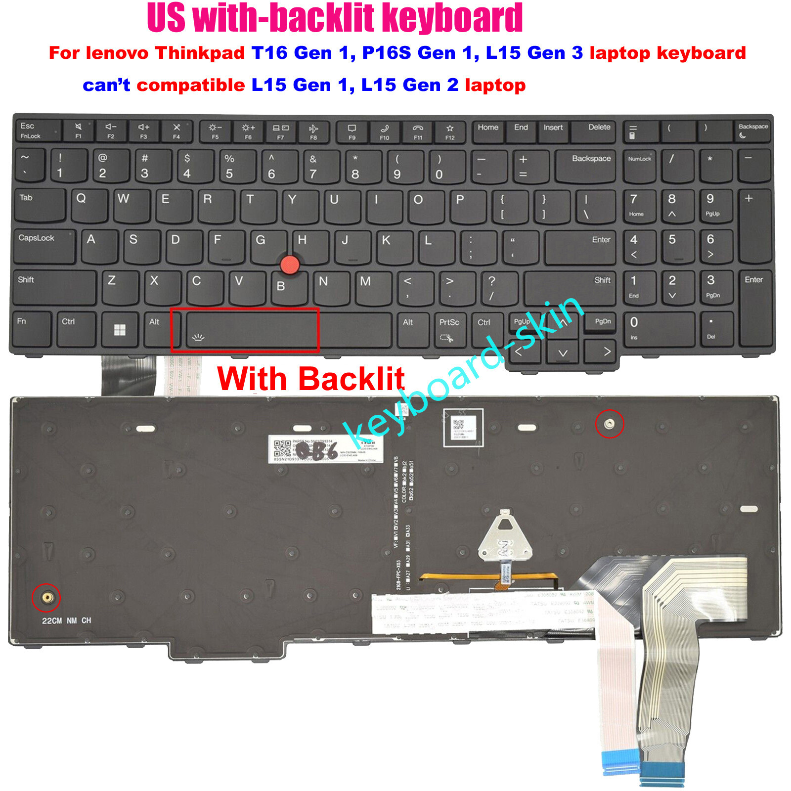 New US Keyboard Backlit for Lenovo Thinkpad T16 Gen 1 P16S Gen 1 L15 ...