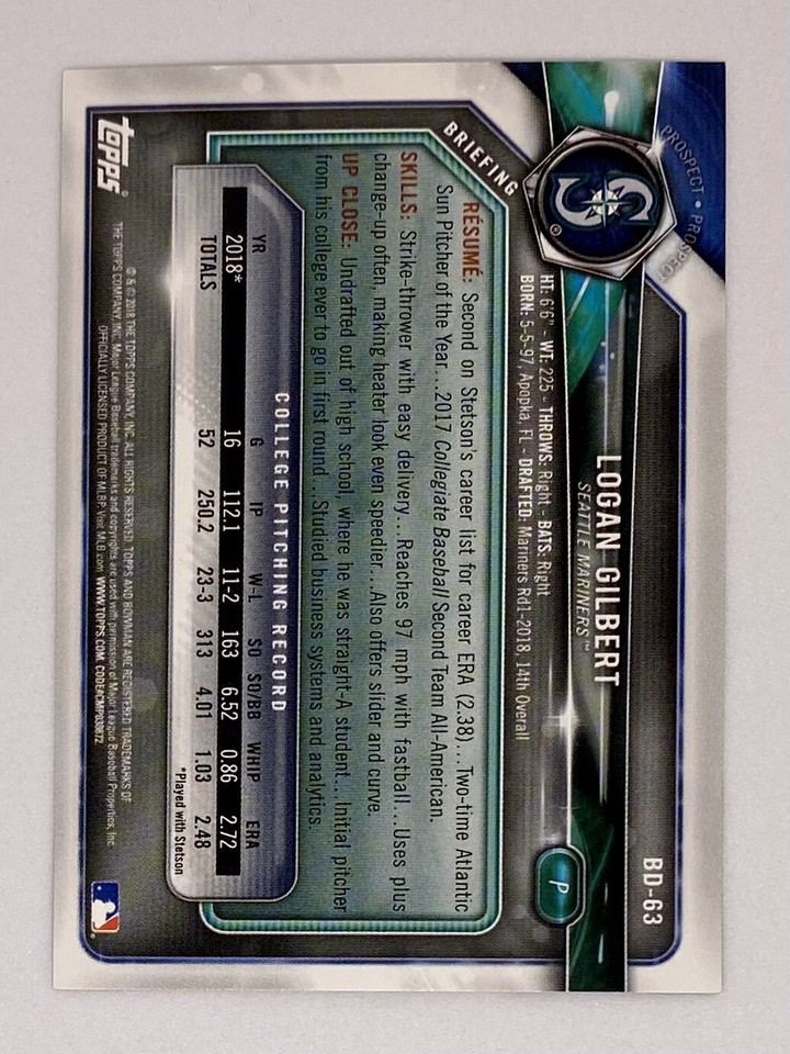 LOGAN GILBERT ROOKIE • 2018 Bowman Draft 1st #BD-63 • SHARP SEATTLE ...